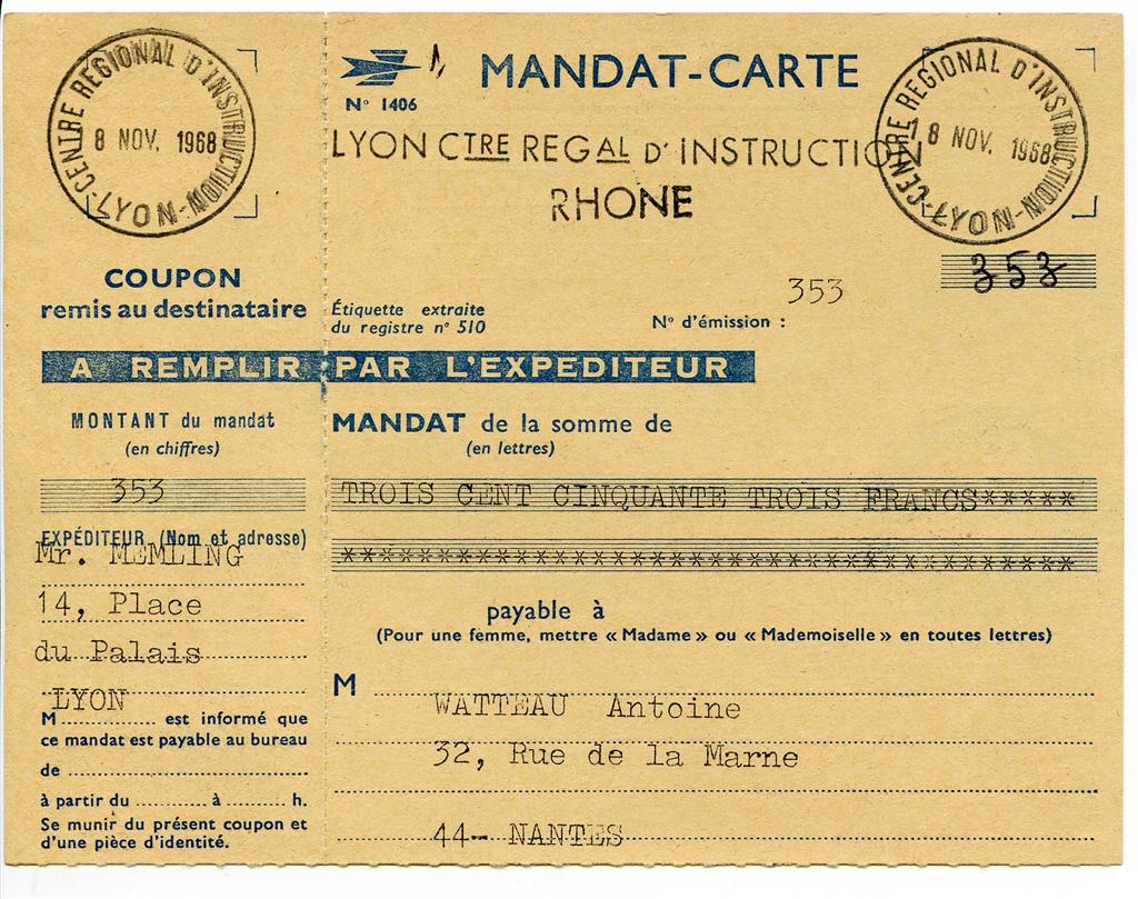 FRANCE - COURS D'INSTRUCTION DES P.T.T. - MANDAT CARTE formu... - VENTE ...