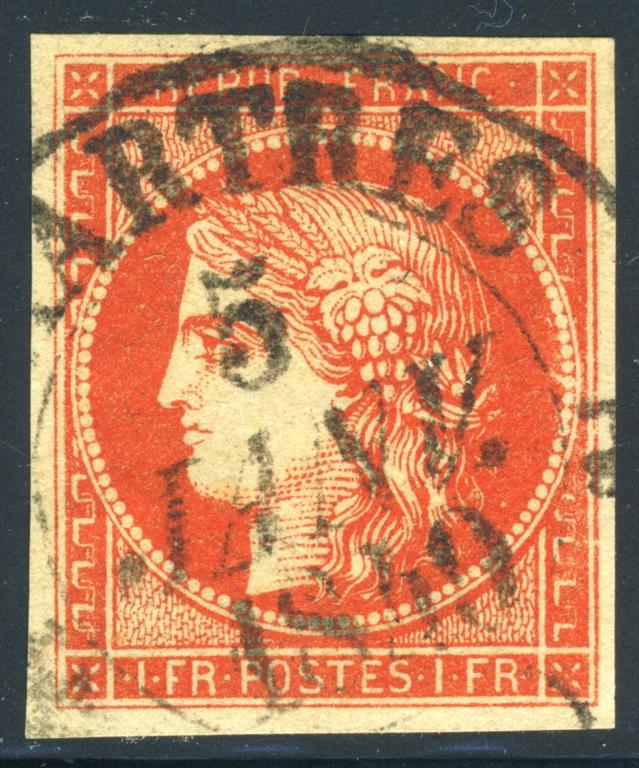 FRANCE - 1 franc Vermillon vif n°7 CERES 1849 - au verso cac ...