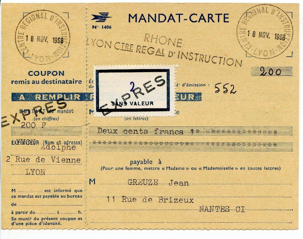 FRANCE - COURS D'INSTRUCTION DES P.T.T. - MANDAT CARTE formu ...